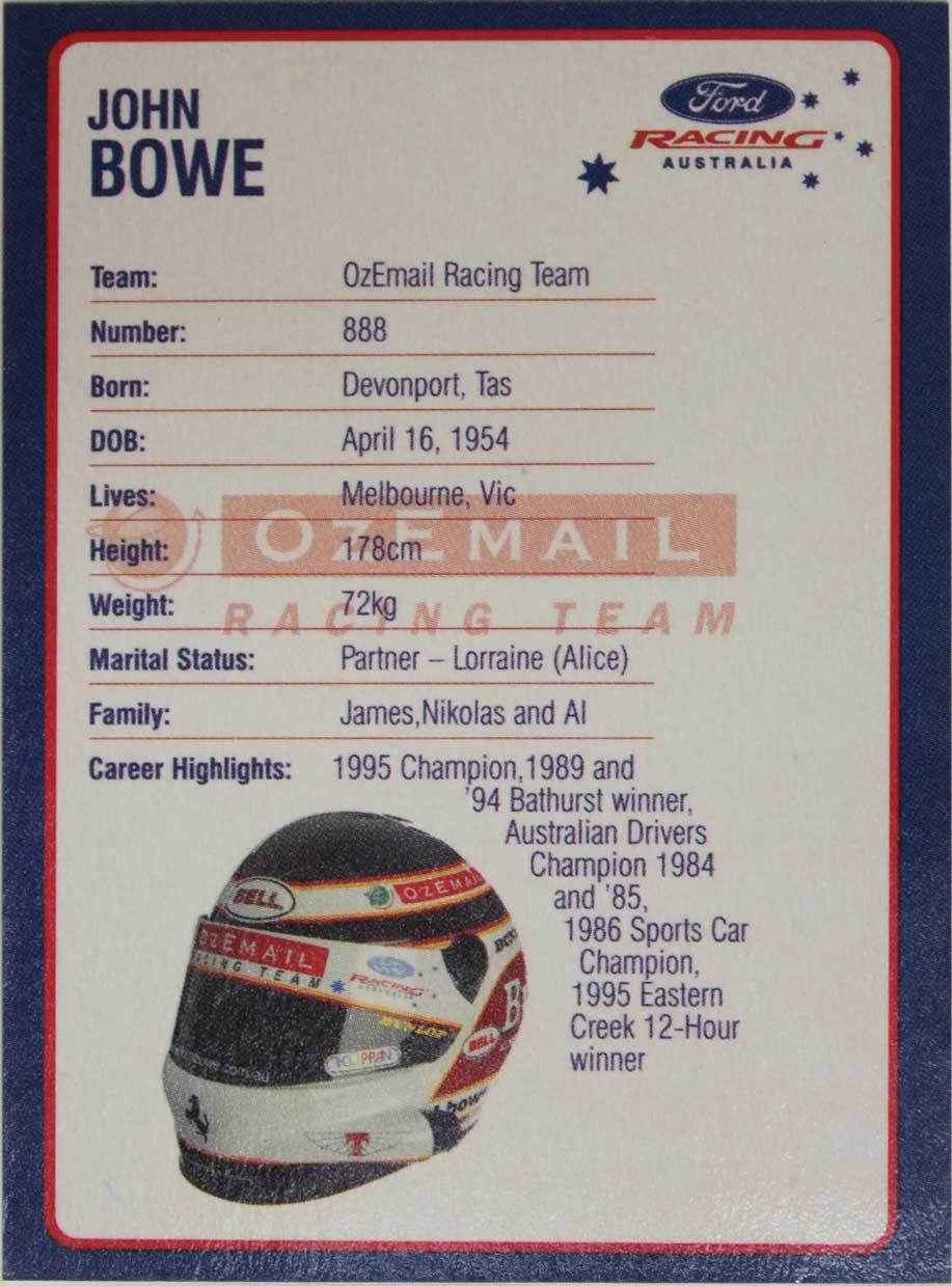 John Bowe OzEmail Racing Team Driver Info Card - Ford Racing Australia