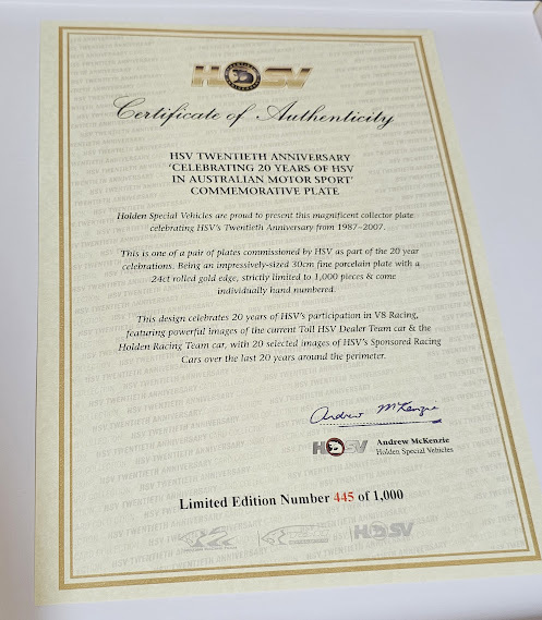 New HSV 20 Years Commemorative Plate 1987-2007 Australian Motor Sport