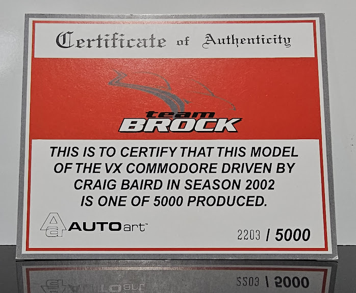 1:18 2002 VX Commodore Team Brock Craig Baird Certificate #2203