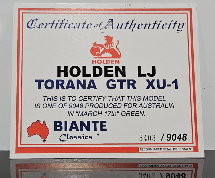 1:18 LJ GTR XU-1 HOLDEN Torana March 17th Green Certificate #3403