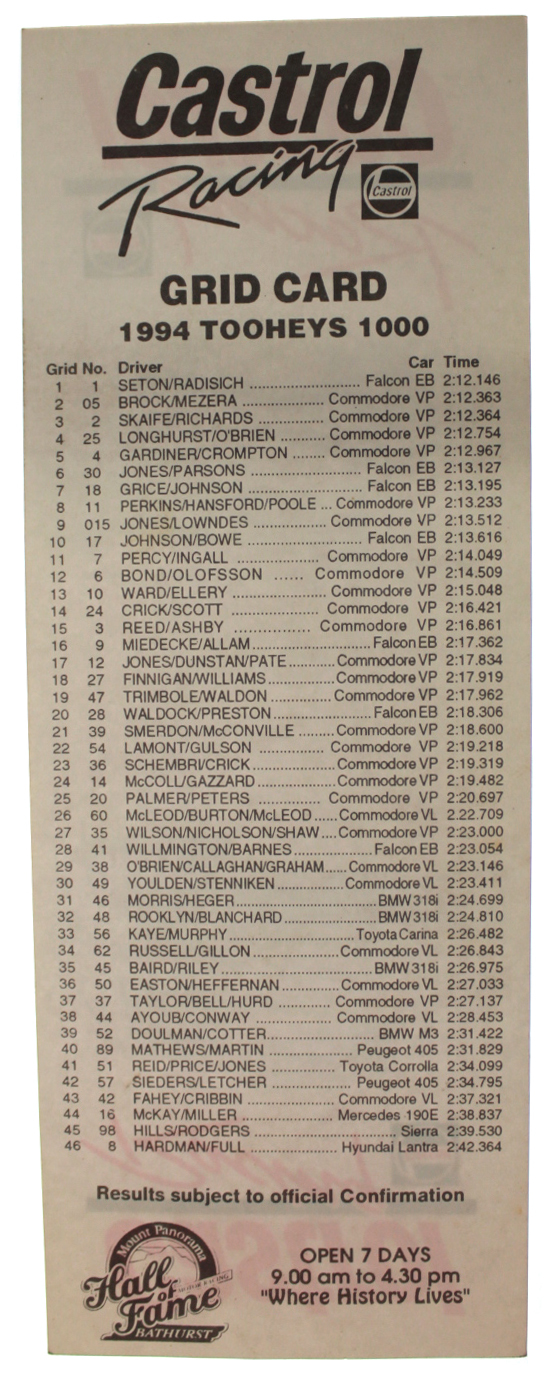 Castrol Racing Grid Card 1994 Tooheys 1000 Bathurst Genuine