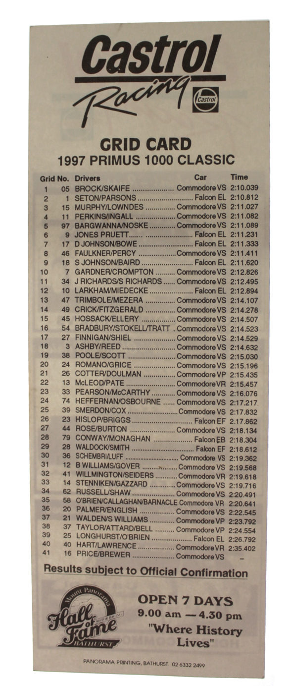 Castrol Racing Grid Card 1997 Primus 1000 Bathurst Perkins Ingall Longhurst