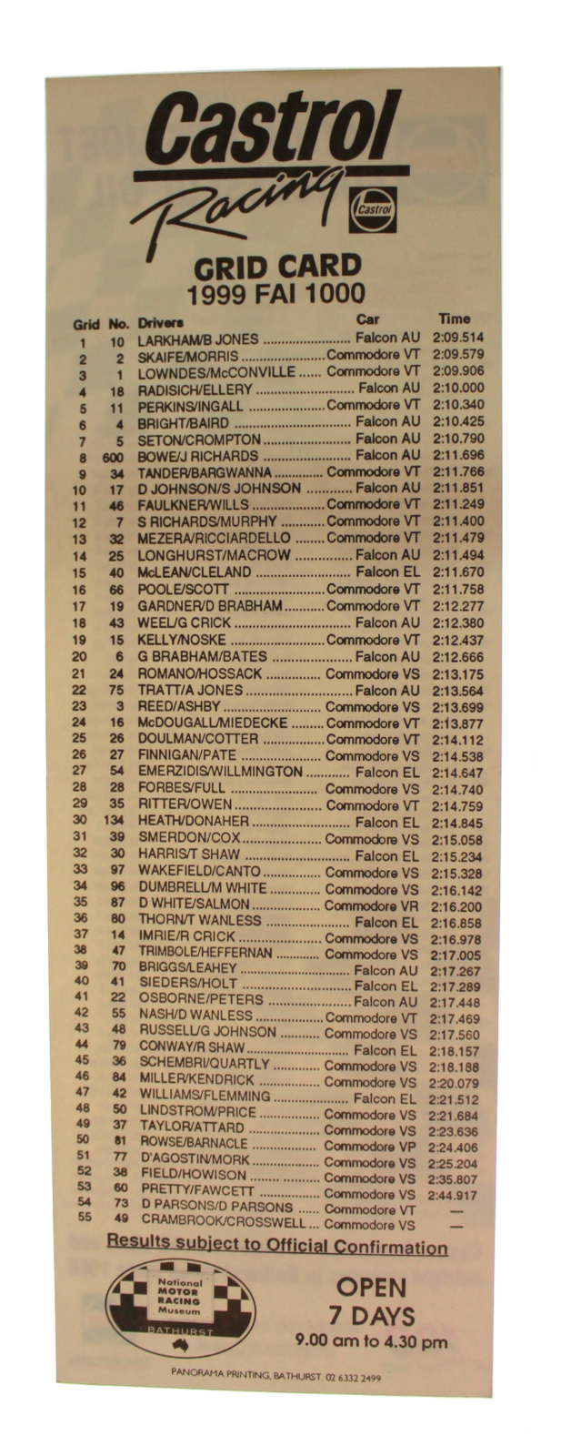 Castrol Racing Grid Card 1999 FAI 1000 Bathurst Genuine GTX