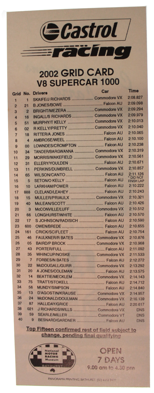 Castrol Racing Grid Card 2002 V8 Supercar 1000 Bathurst Genuine Larry ...